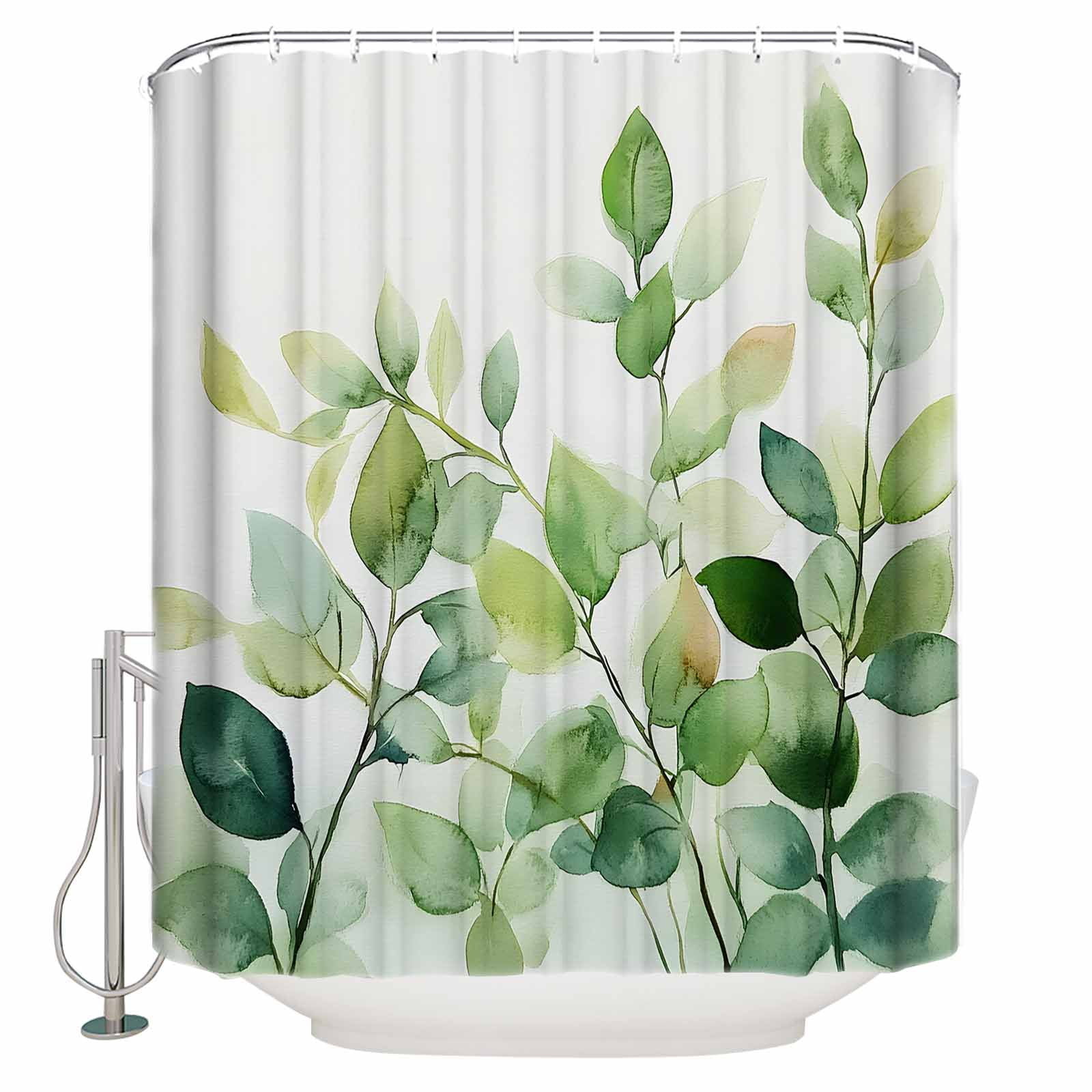 Green Leaves Bathroom Shower Curtains with 12 Hooks Polyester ...