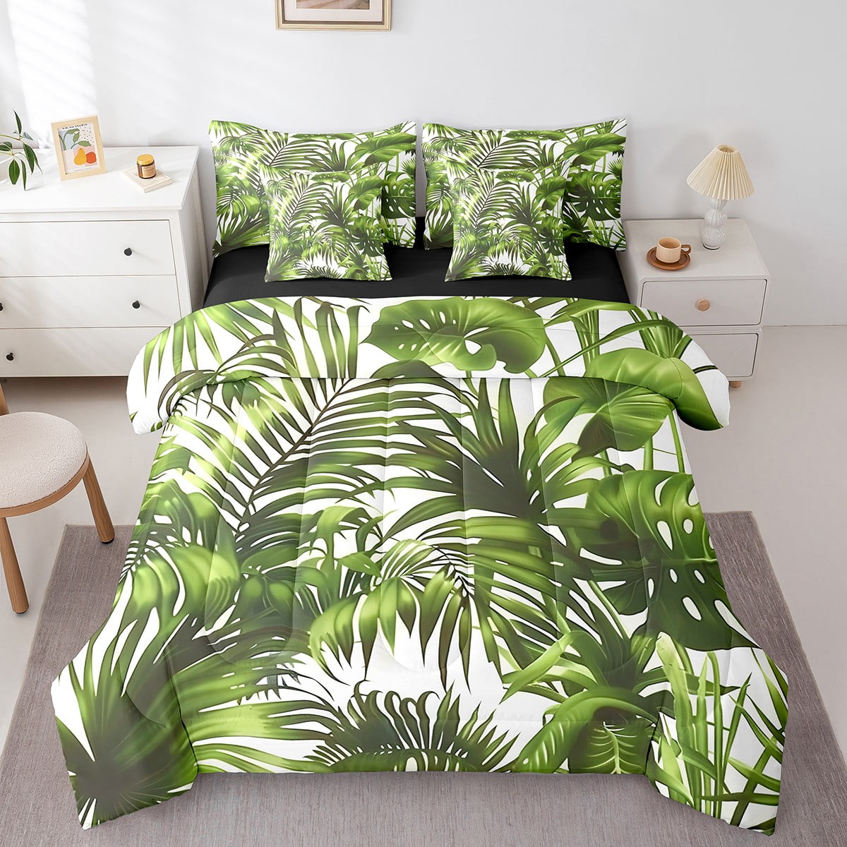 Green Leaves Bedding Comforter Sets 7pcs Palm Tree Printed Bed in a Bag ...