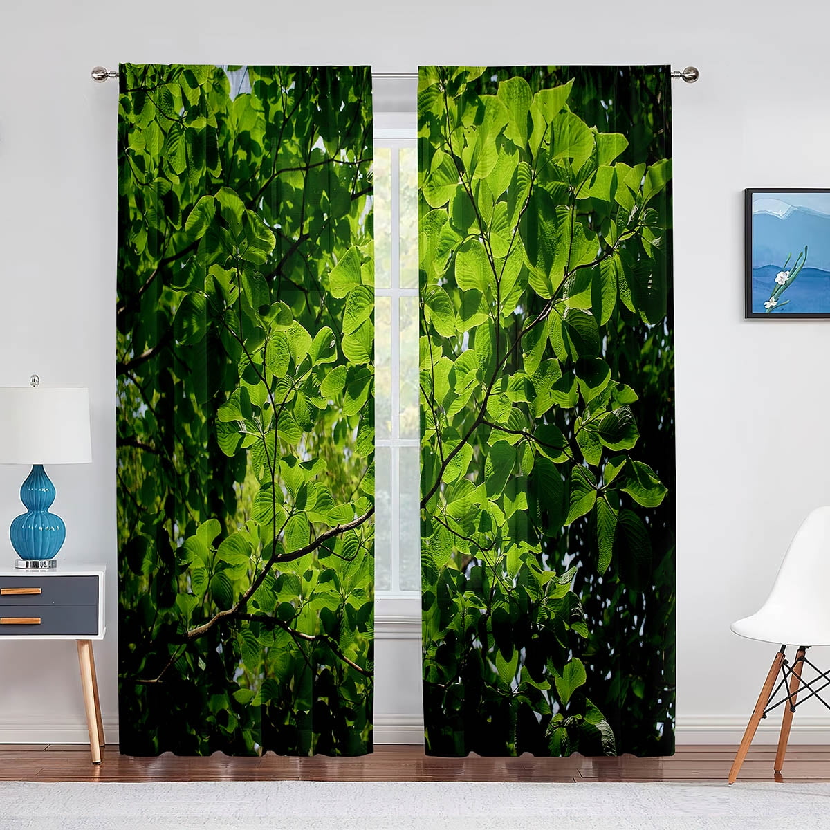 Green Leaves Blue Sheer Voile Curtain for Bedroom Living Room Kitchen ...