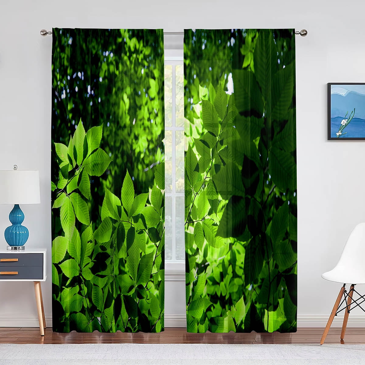 Green Leaves Blue Sheer Voile Curtain for Bedroom Living Room Kitchen ...
