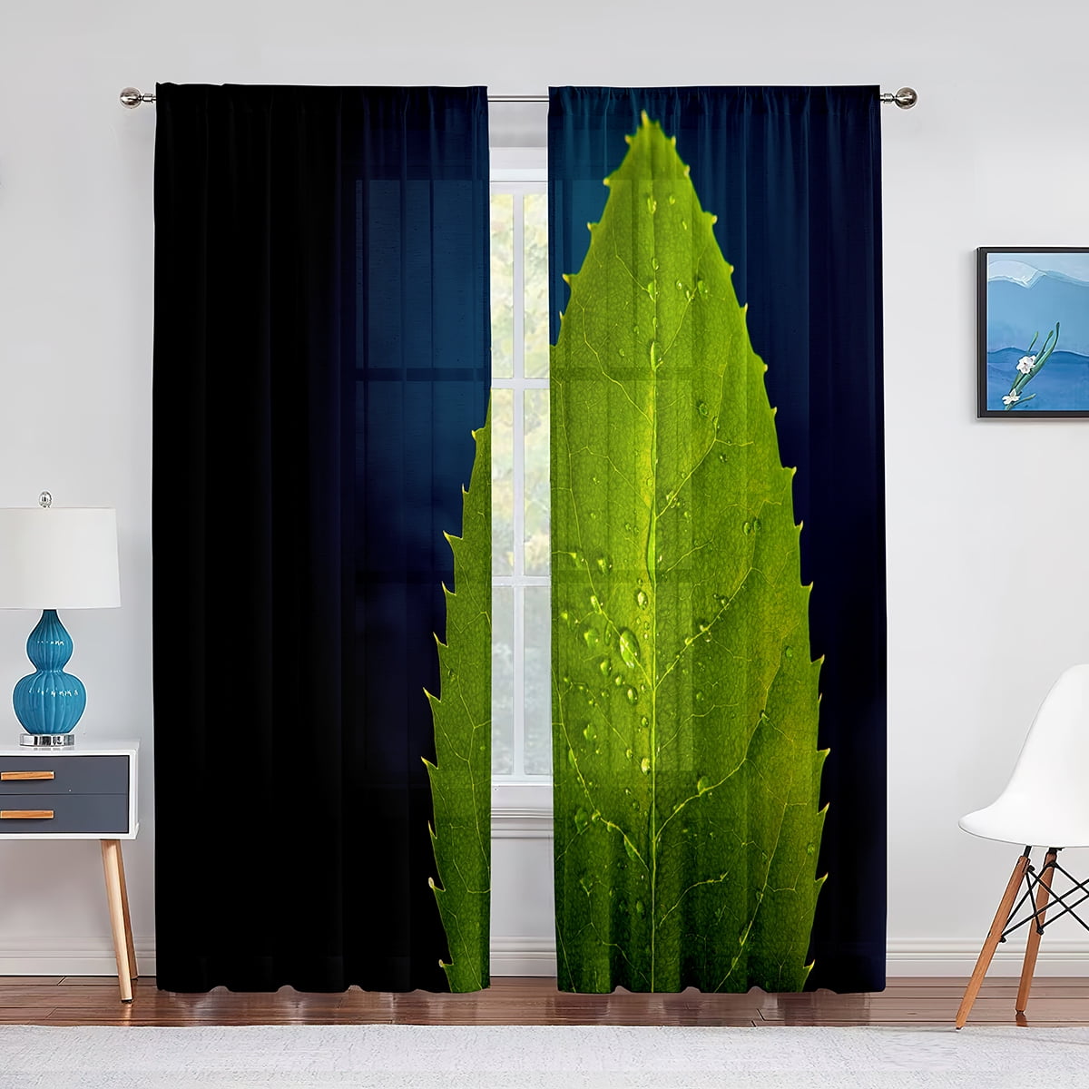 Green Leaves Blue Sheer Voile Curtain for Bedroom Living Room Kitchen ...