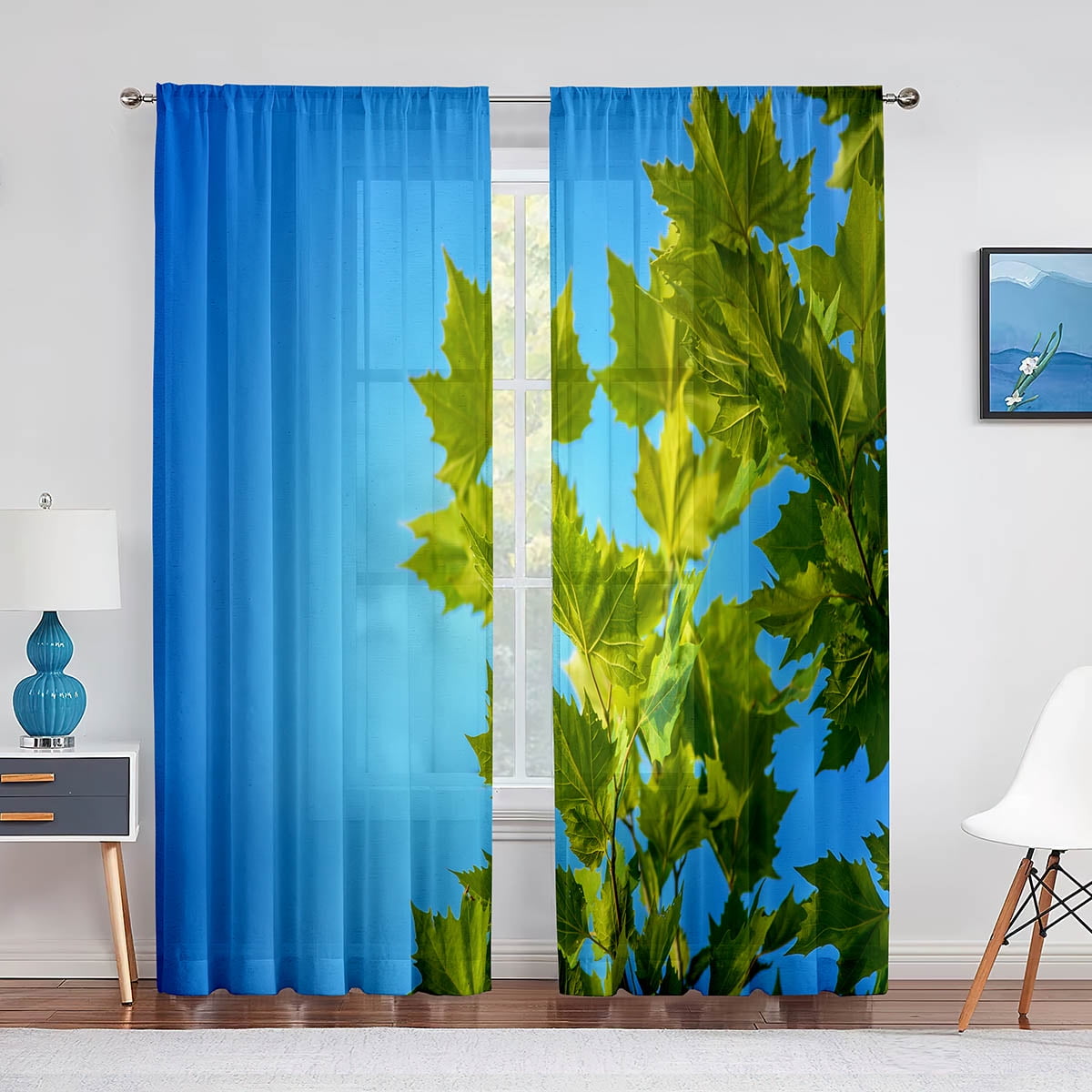 Green Leaves Blue Sheer Voile Curtain for Bedroom Living Room Kitchen ...