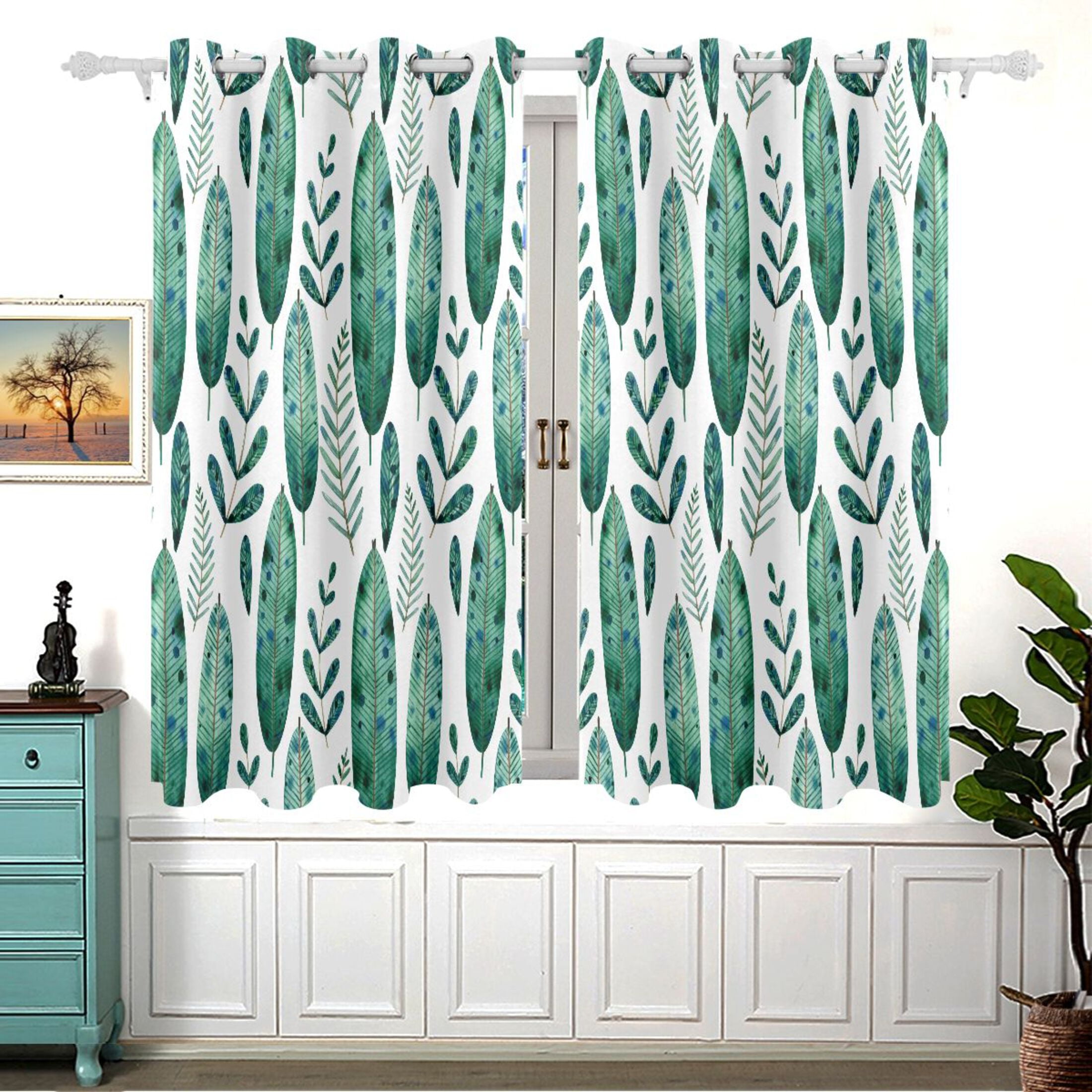 Green Leaves Branches Blackout Curtains Window Grommet Insulated ...