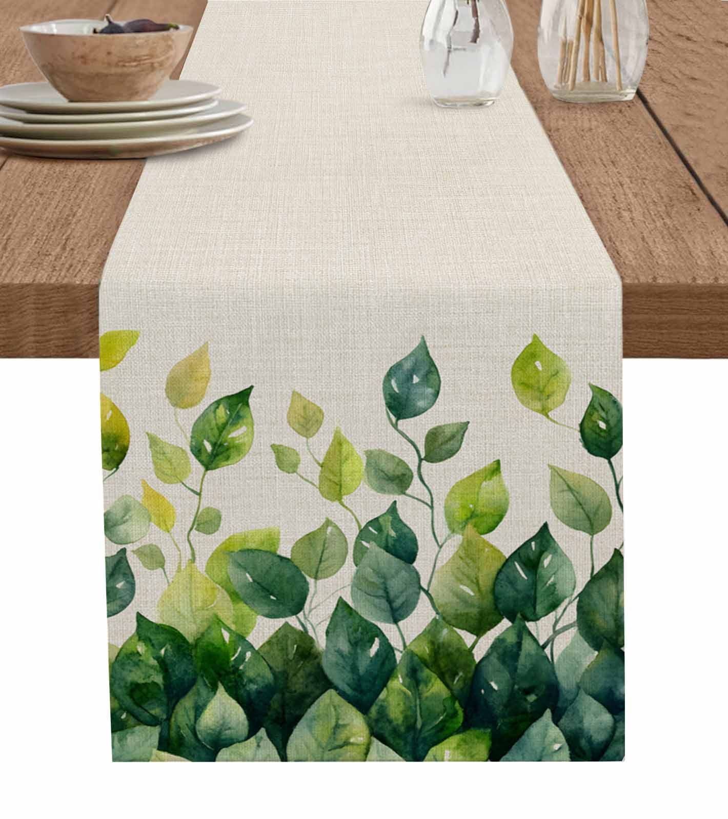 Green Leaves Burlap Cotton Table Runner 13x108 Inches Long, Vintage ...