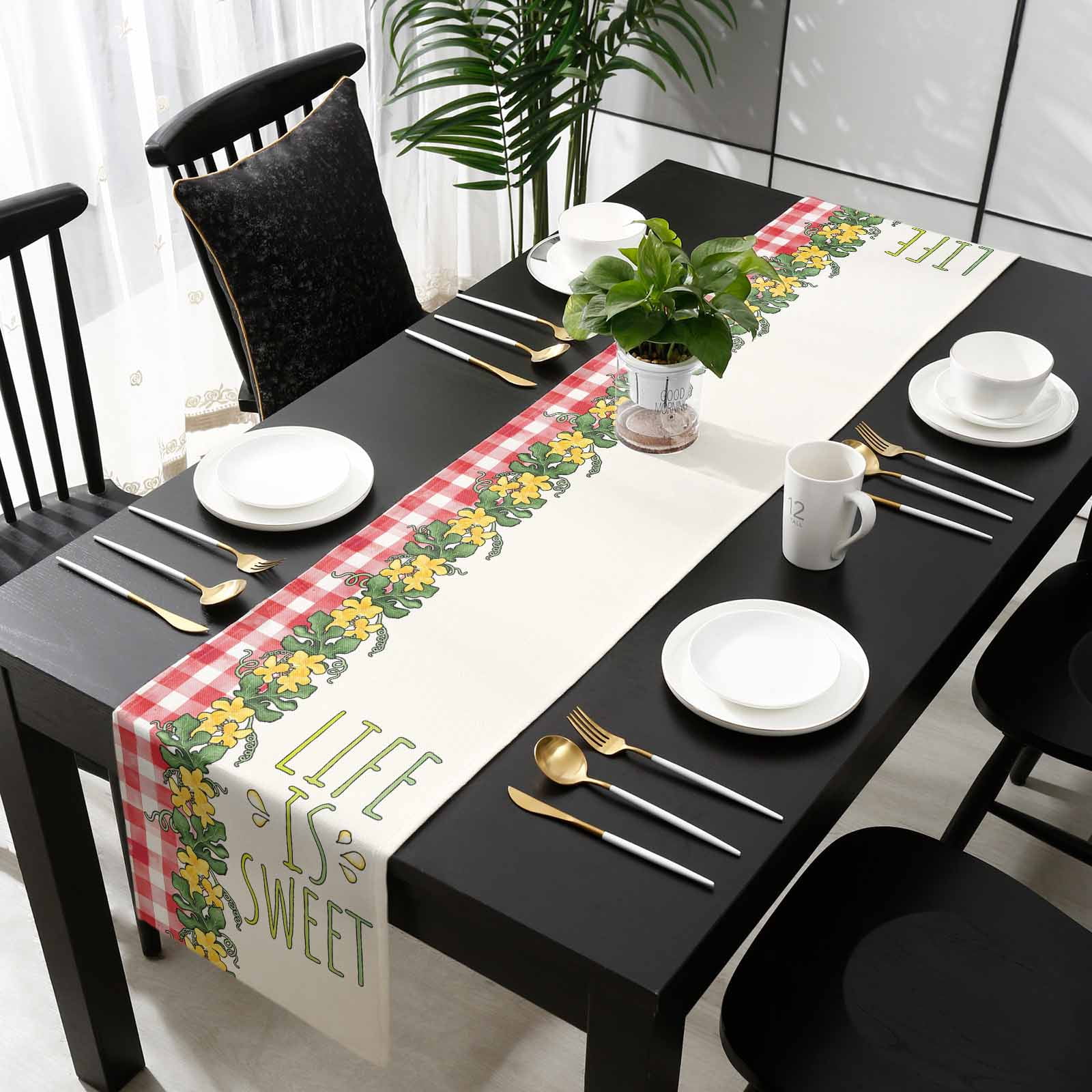 Green Leaves Cotton Linen Table Runner 13 x 72 inch Flowers Red Check ...