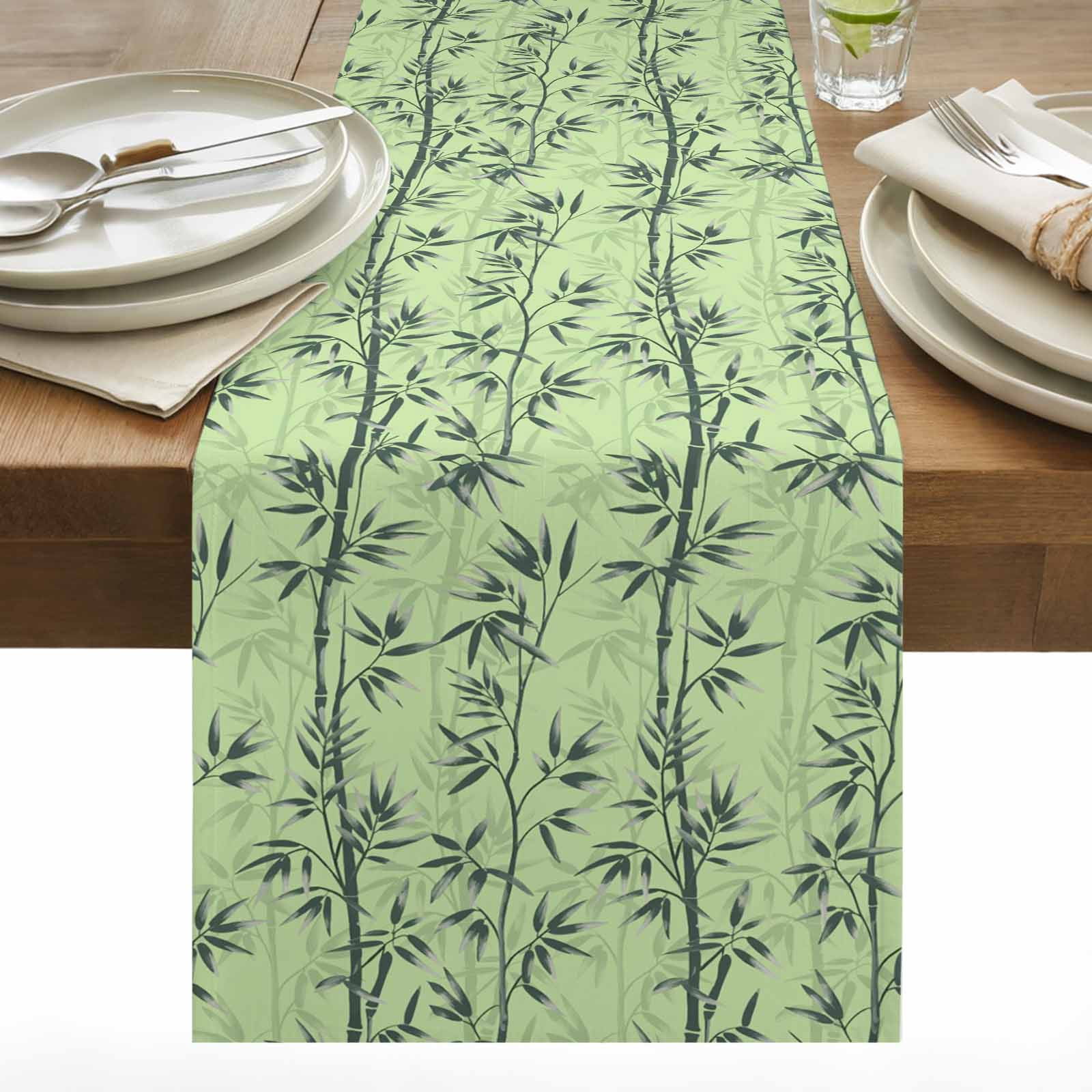 Green Leaves Cotton Linen Table Runner Hand-Painted Modern Spring Leaf ...