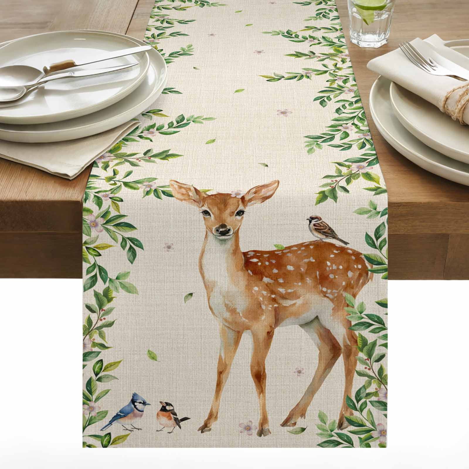 Green Leaves Cotton Linen Table Runner Watercolor Falling Green Leaf ...