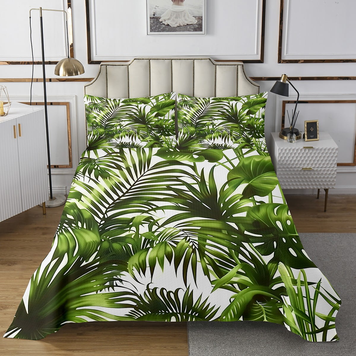 Green Leaves Coverlet Set Palm Tree Printed Bedding King Size, White ...