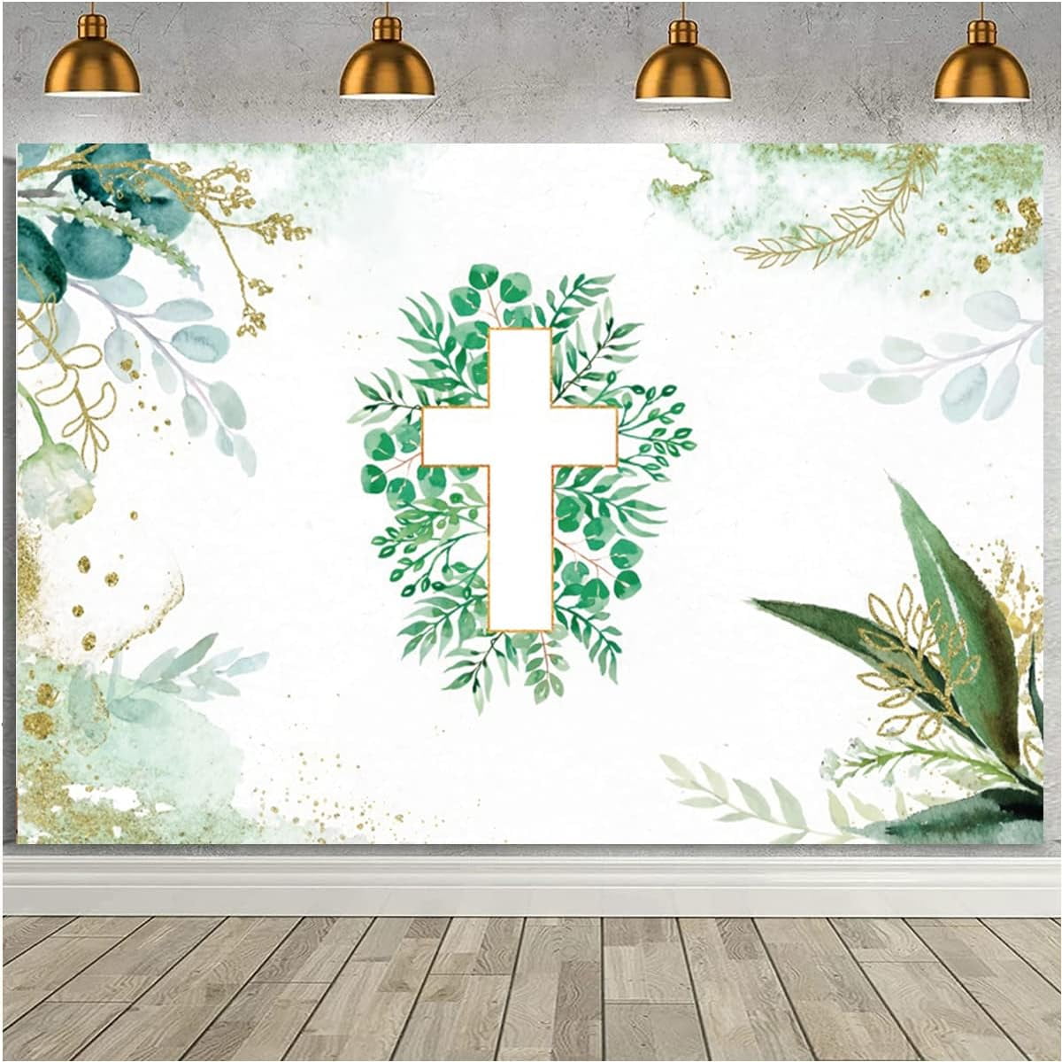 Green Leaves Cross God Bless Baptism Background Boy Girl First Holy ...