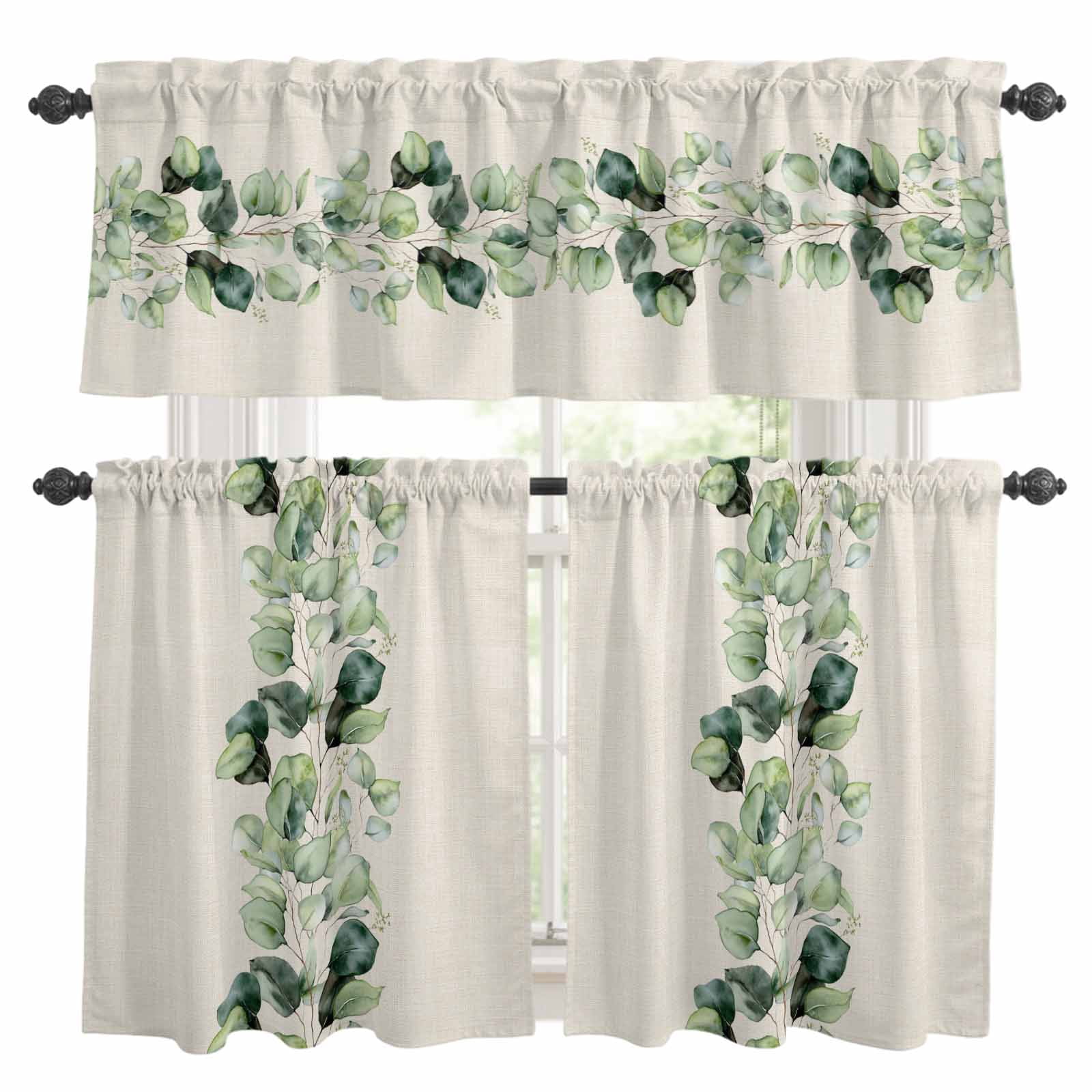 Green Leaves Curtain Valances Set Vintage Abstract Green Eucalyptus ...