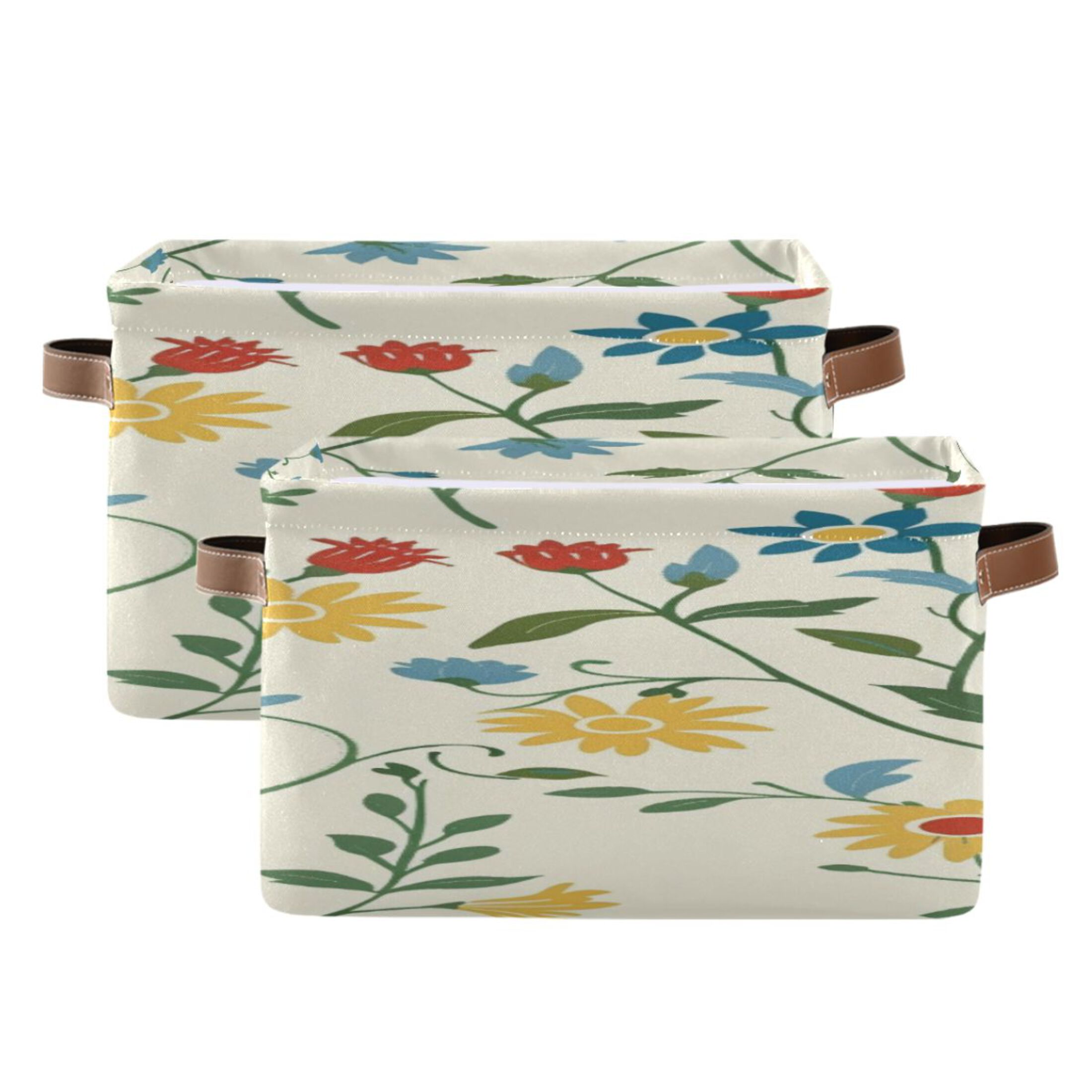 Green Leaves Cute Flowers Square Storage Bins with Handles Collapsible ...