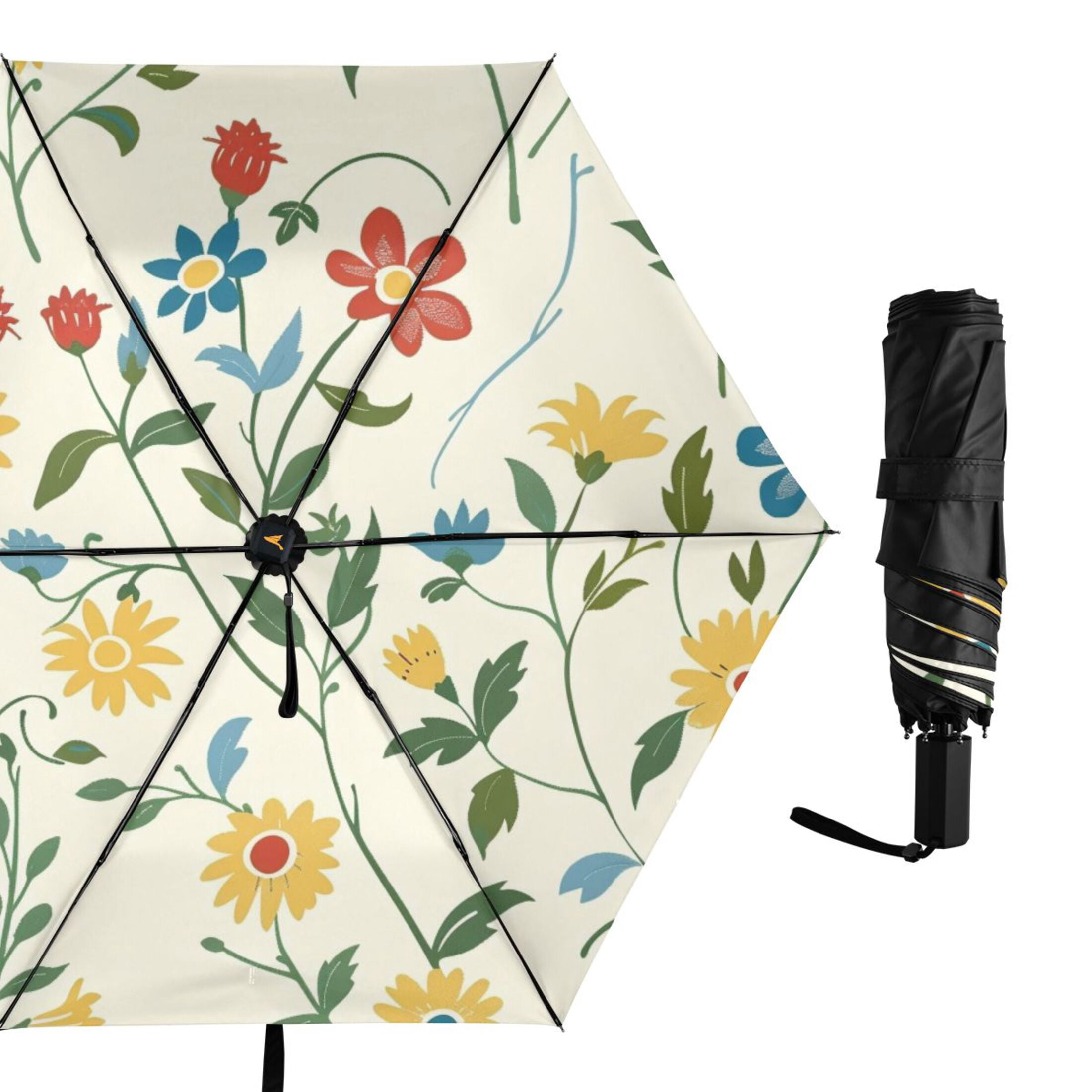 Green Leaves Cute Flowers Triple Folding Umbrella Parasol 6 Ribs UV ...