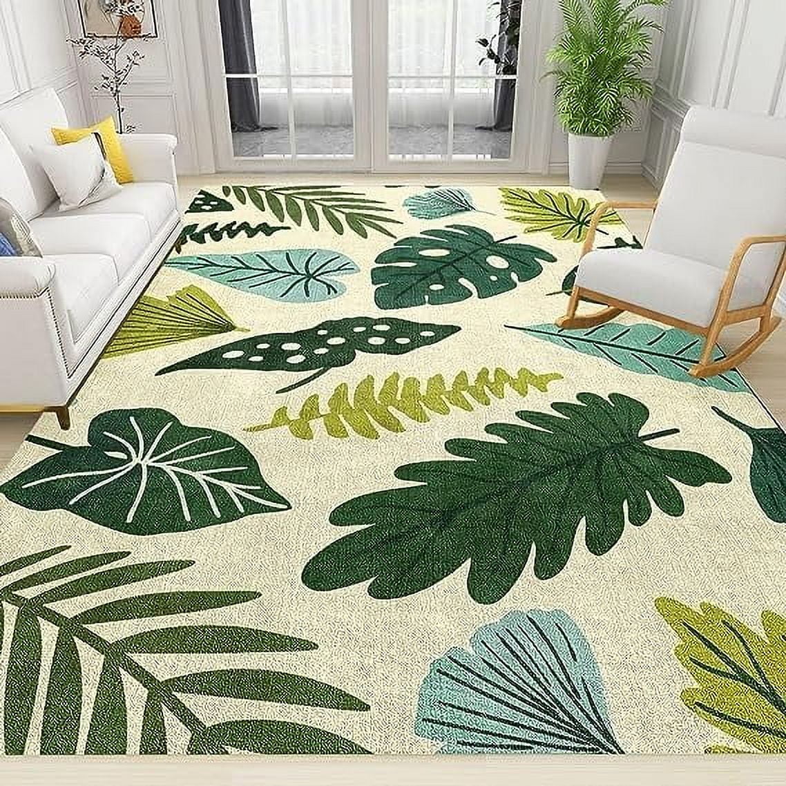 Green Leaves Distressed Leaves Area Rug, Vintage Washable Soft Fluffy ...
