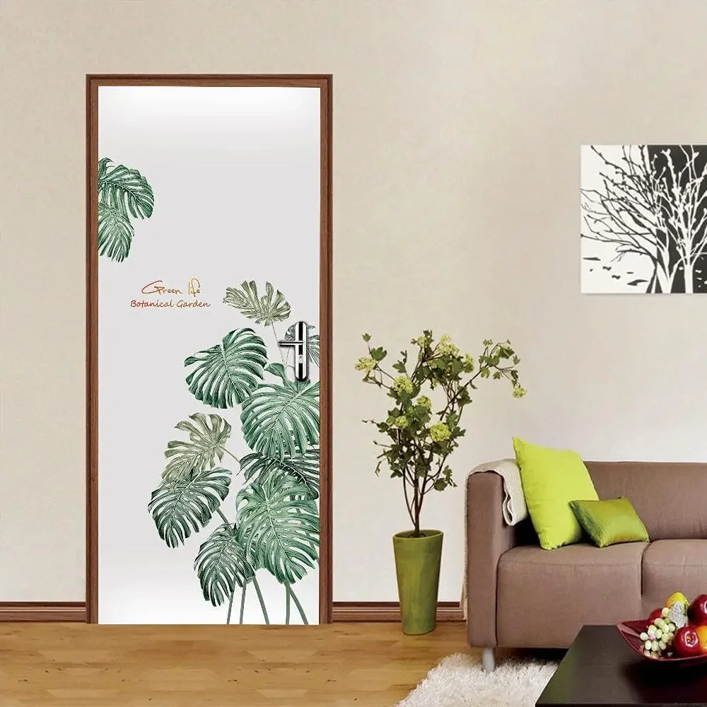 Green Leaves Door Sticker Tropical Palm Leaf Decal Removable Natural ...