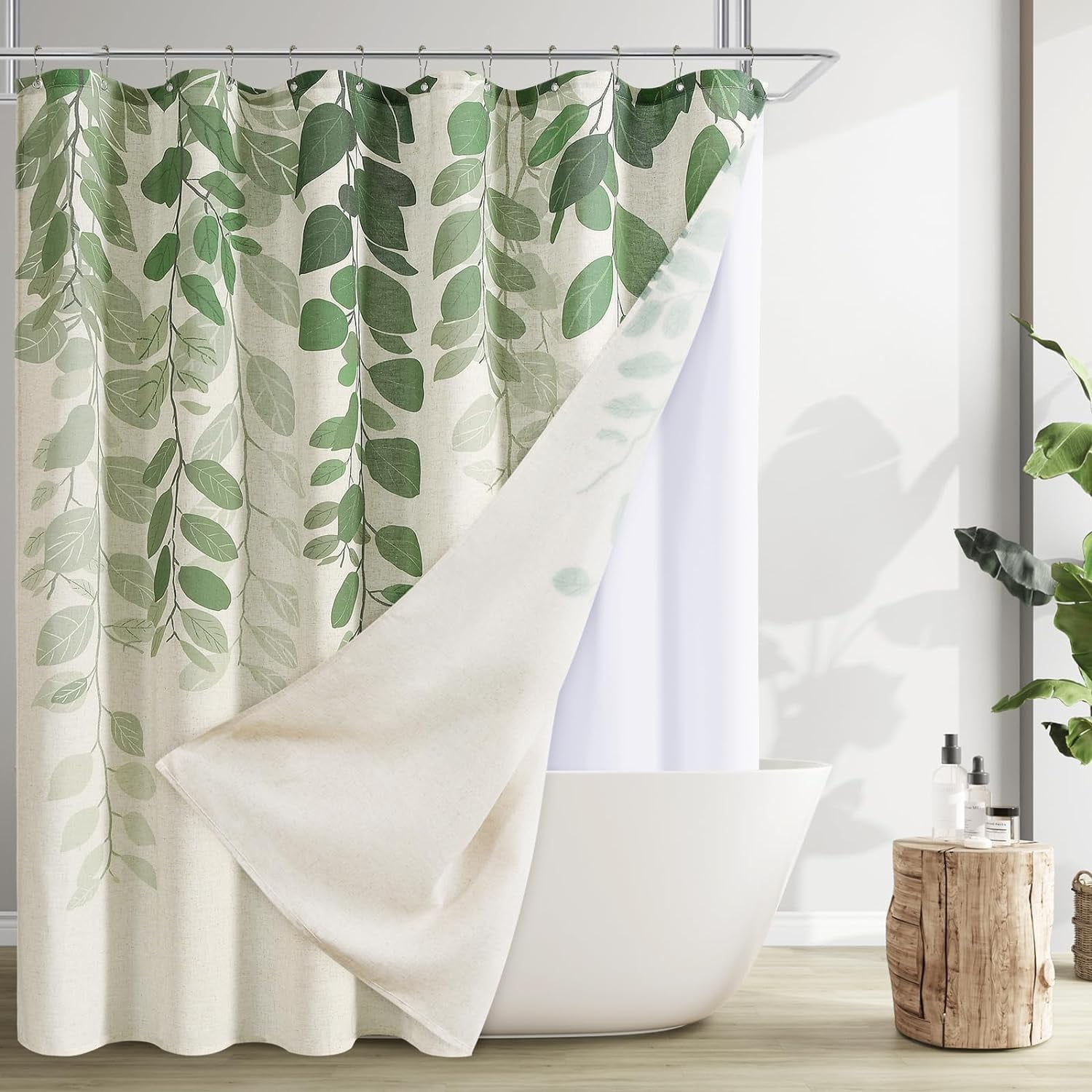 Green Leaves Double Layer Linen Fabric Shower Curtains for Bathroom ...