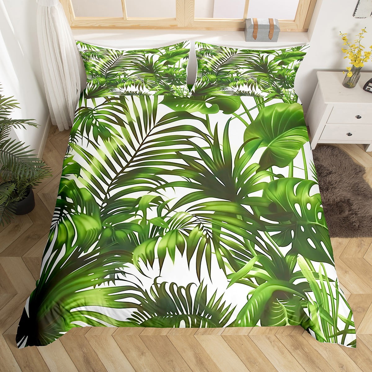 Green Leaves Duvet Cover Queen Size Palm Tree Printed Bedding Set ...