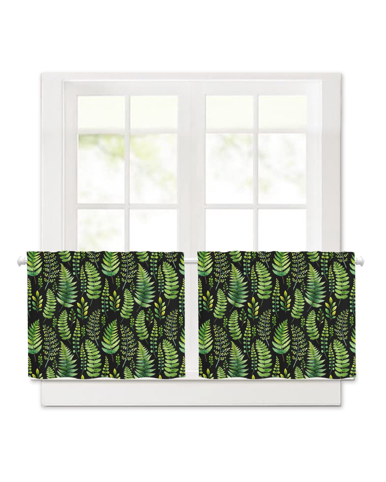 Green Leaves Ferns Plant on Black Short Blackout Curtains 24 Inch Long ...