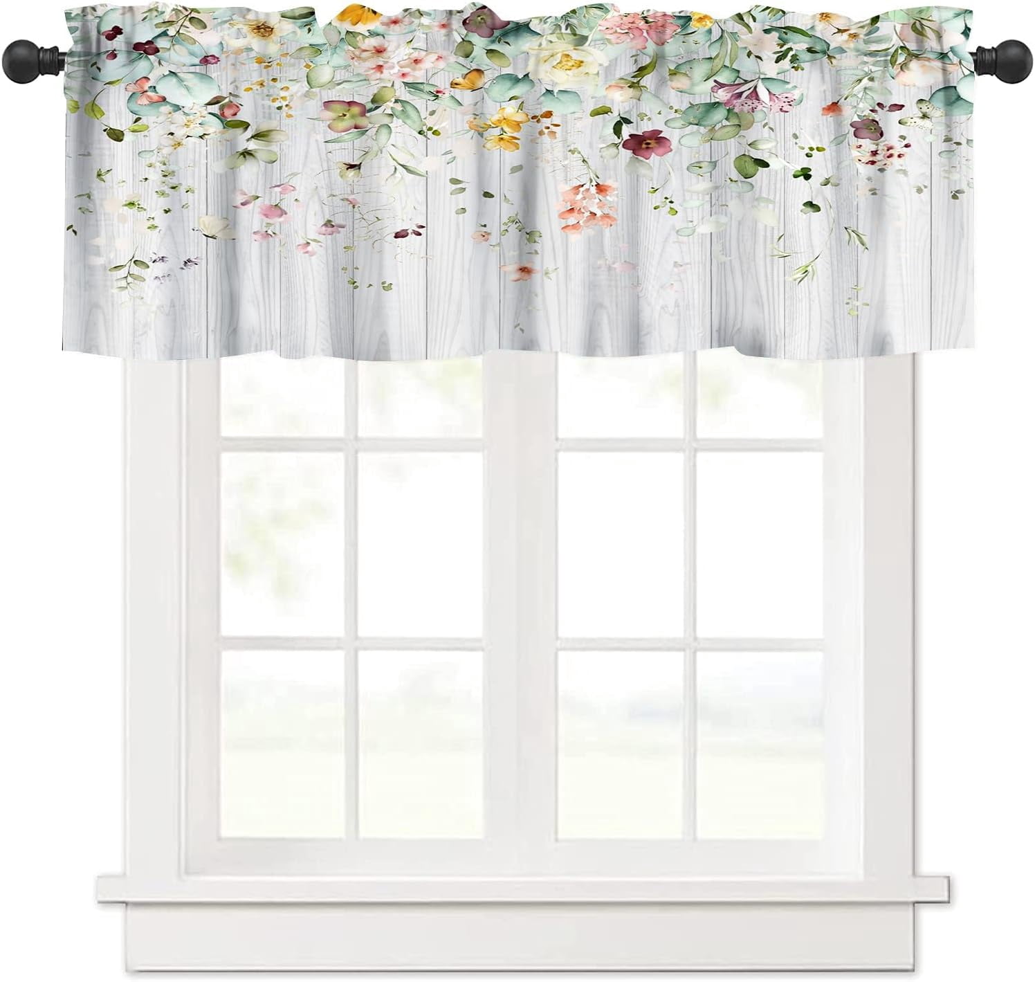 Green Leaves Floral Window Valance Curtain, Flower Plant Herb ...