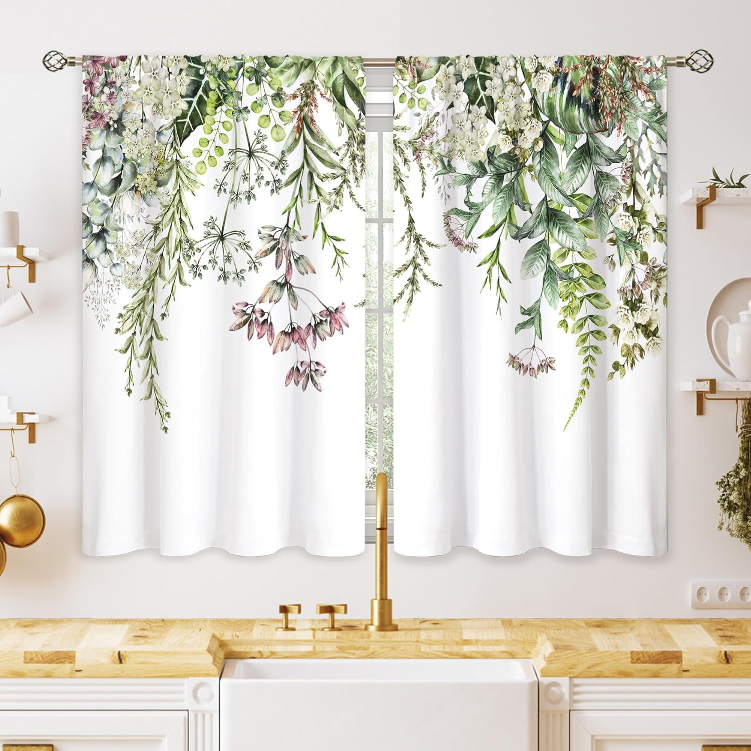 Green Leaves Flower Eucalyptus Botanical Small Kitchen Curtains Rustic ...