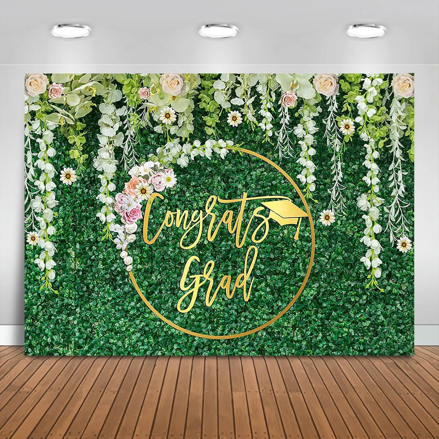 Green Leaves Flowers Graduation Backdrop Congrats Grad Greenery Wall ...