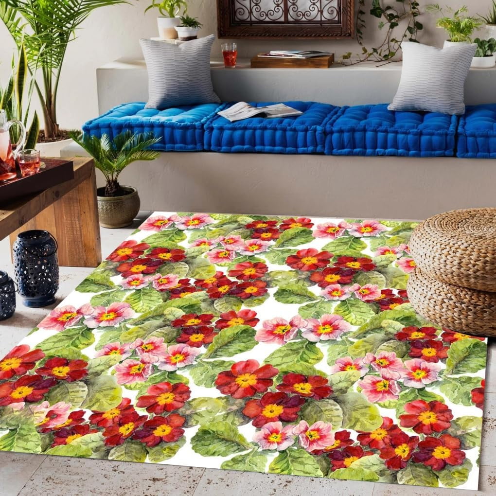 Green Leaves Flowers Print Waterproof Indoor Outdoor Square Area Rugs ...
