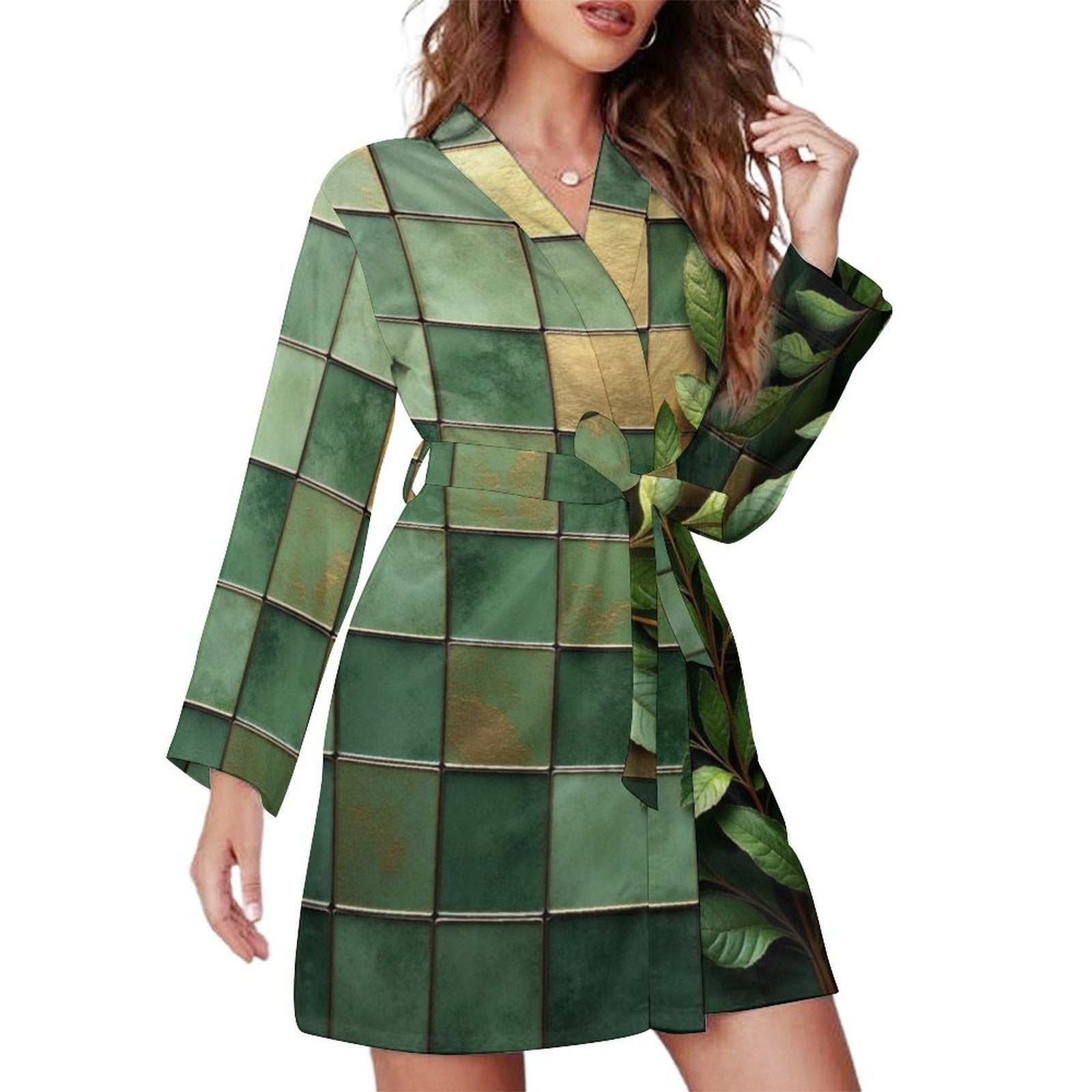 Green Leaves Green Gold Modern Art Night Robe Long Sleeve V Neck Robe ...