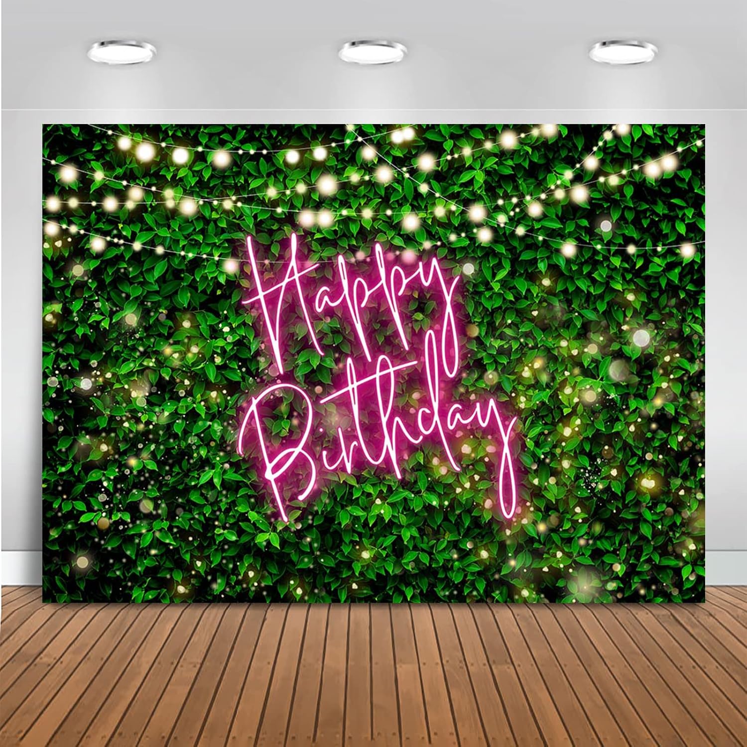 Green Leaves Happy Birthday Backdrop Greenery Pink Neon Birthday ...