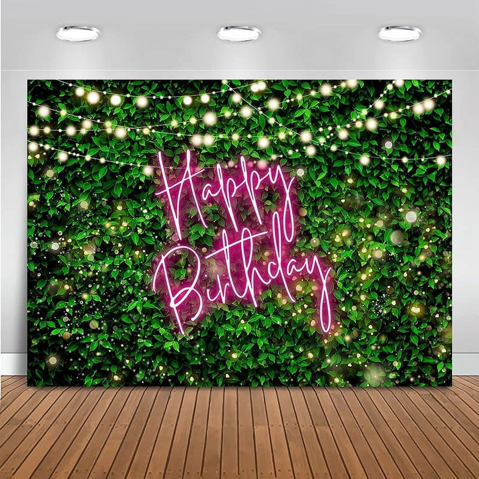 Green Leaves Happy Birthday Backdrop Greenery Pink Neon Birthday ...