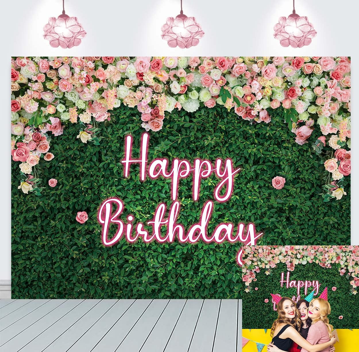 Green Leaves Happy Birthday Backdrop Neon Pink Rose Flower Photography ...