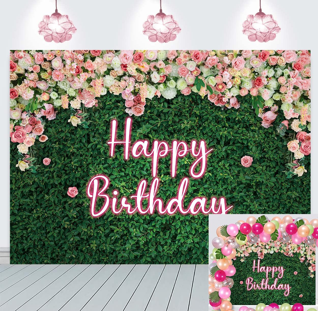 Green Leaves Happy Birthday Backdrop Neon Pink Rose Flower Photography ...