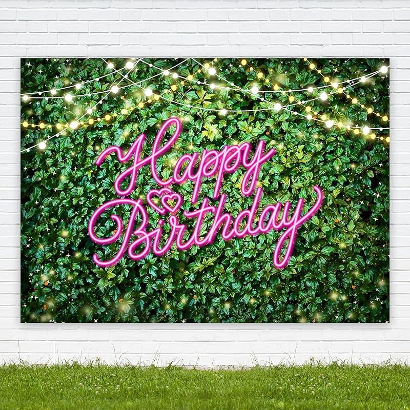 Green Leaves Happy Birthday Backdrop Pink Neon Rustic Spring Plant Botanical Nature 7Wx5H Feet ...