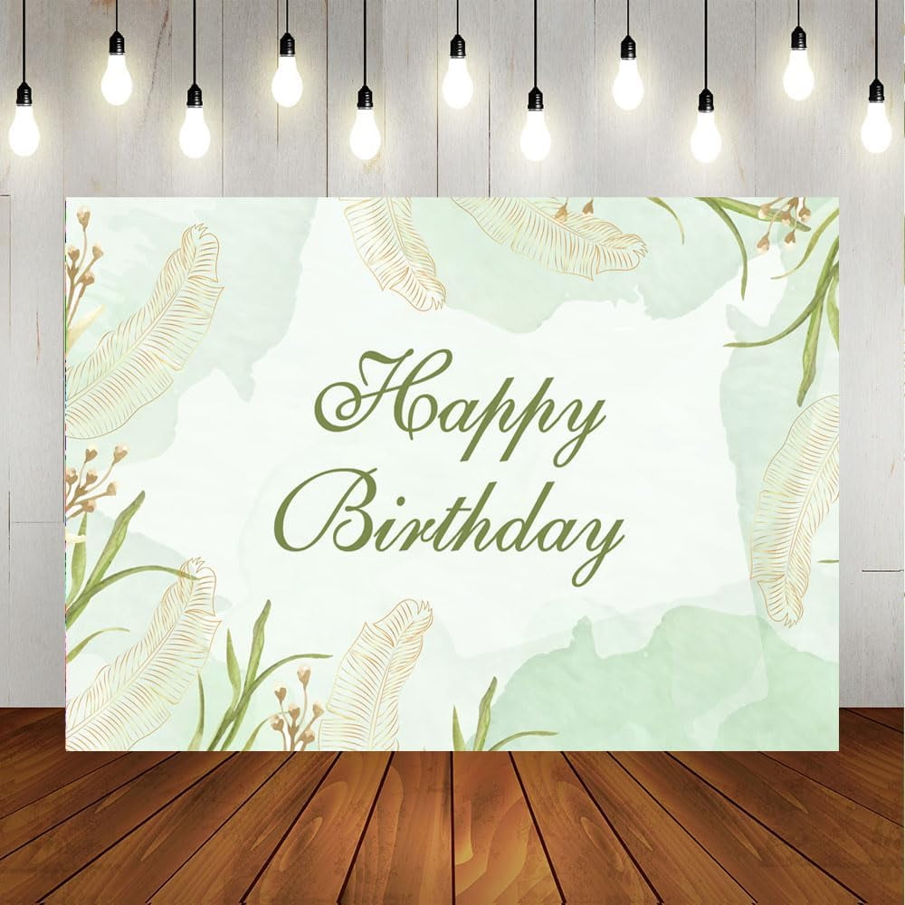 Green Leaves Happy Birthday Backdrop Spring Greenery and Gold Green ...