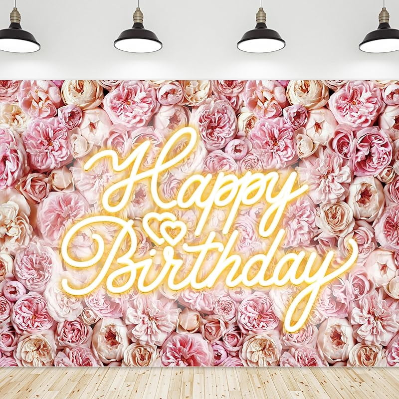Green Leaves Happy Birthday Backdrop for Women Neon Flower Wall Pink ...