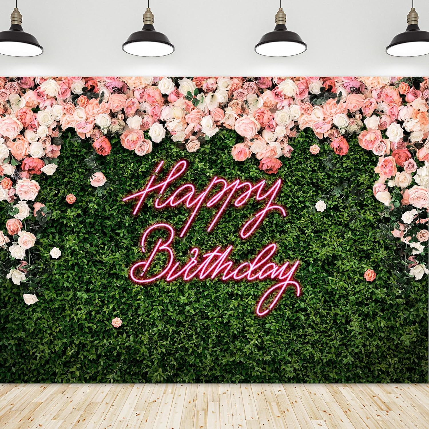 Green Leaves Happy Birthday Backdrop for Women Neon Flower Wall Pink ...