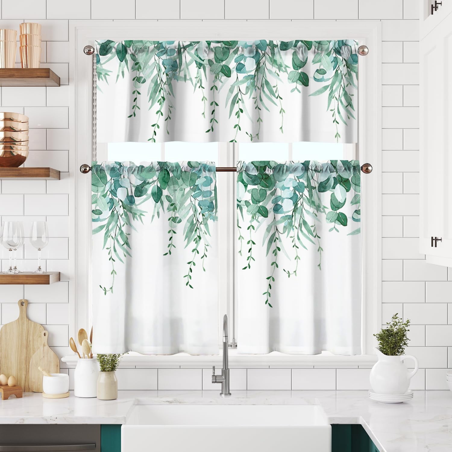 Green Leaves Kitchen Curtains Short and Valance Set Farmhouse ...
