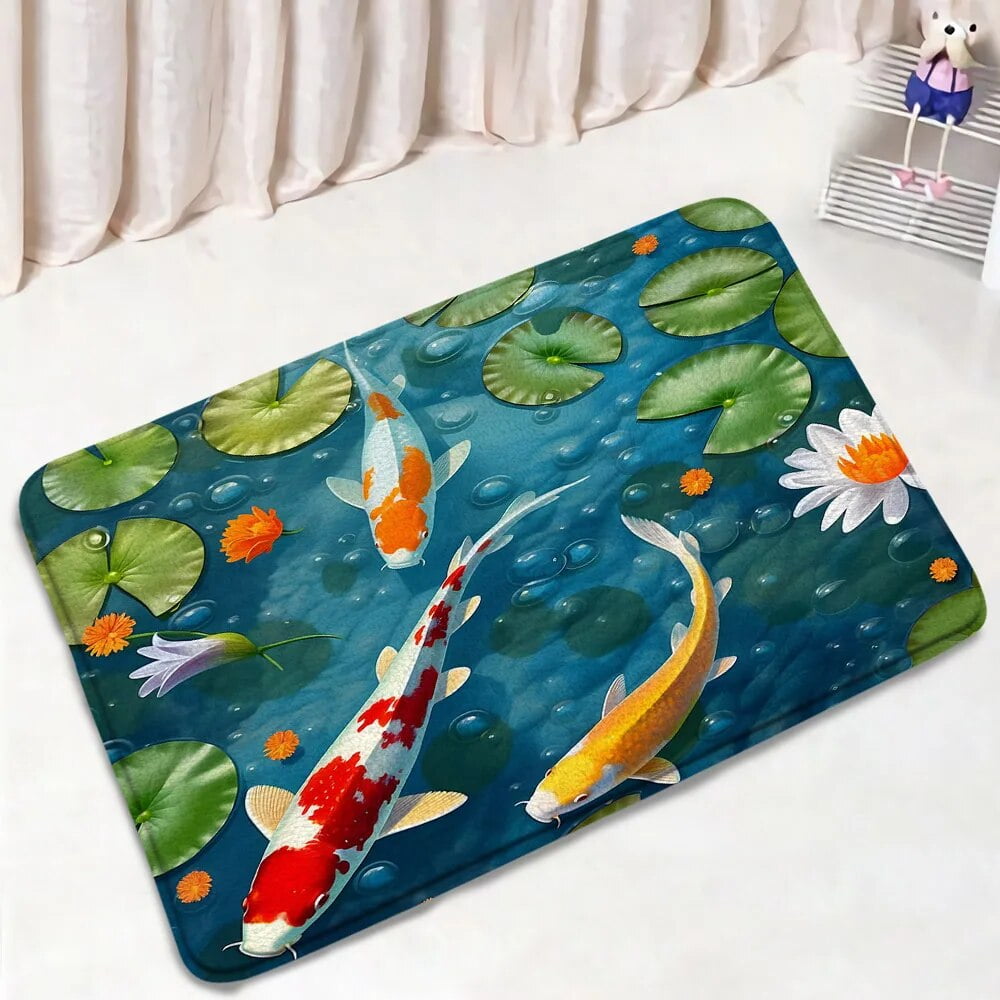 Green Leaves Koi Bath Mat Set Lotus Flower Plant Leaf Carp Fish Chinese ...