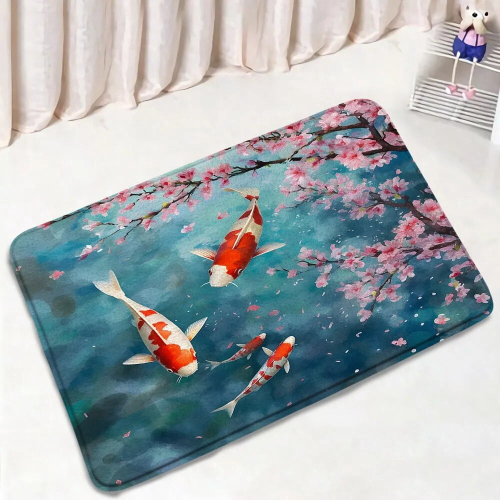 Green Leaves Koi Bath Mat Set Lotus Flower Plant Leaf Carp Fish Chinese ...