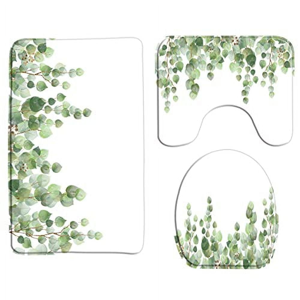 Green Leaves Memory Foam Bath Rug 3 Piece Watercolor Eucalyptus Leaf ...