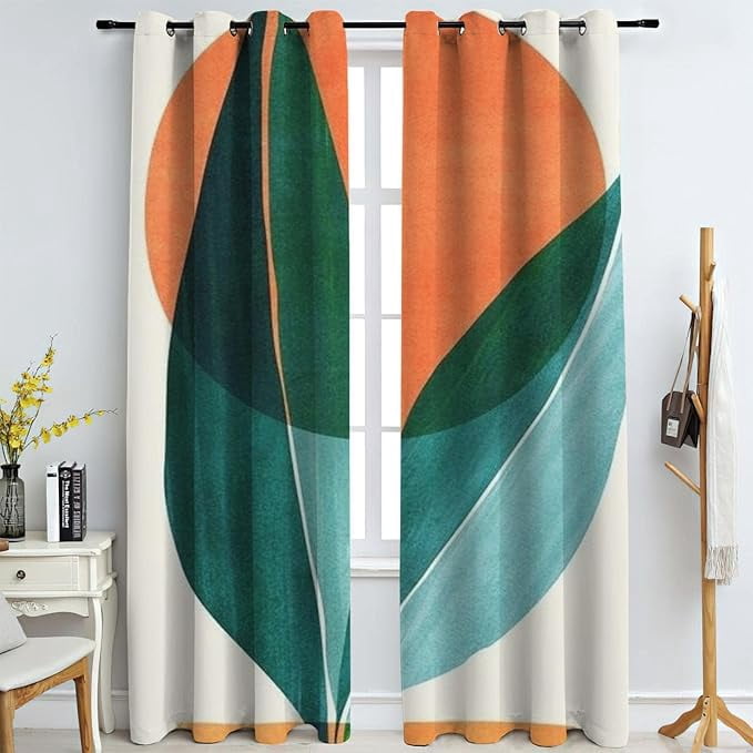 Green Leaves Orange Sun Printing Curtain Set, Retro Bohemian Window ...