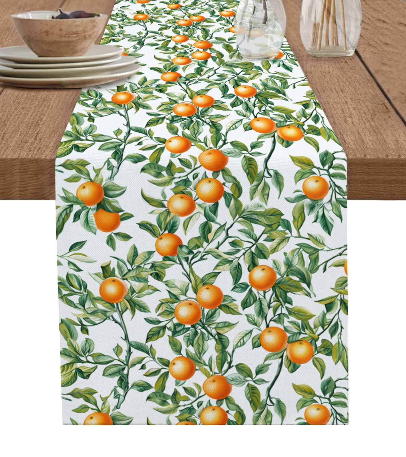 Green Leaves Orange Table Runner 60 Inches, Summer Farmhouse Botanical ...