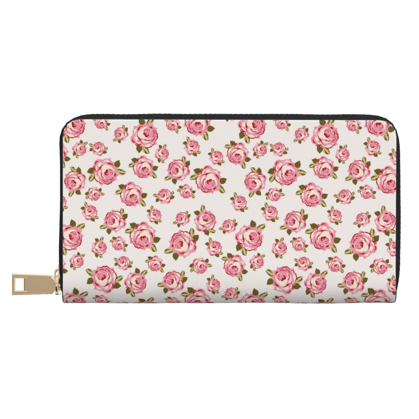 Green Leaves Pink Rose Flowers Wallet Women, Leather Bifold Multi Card ...