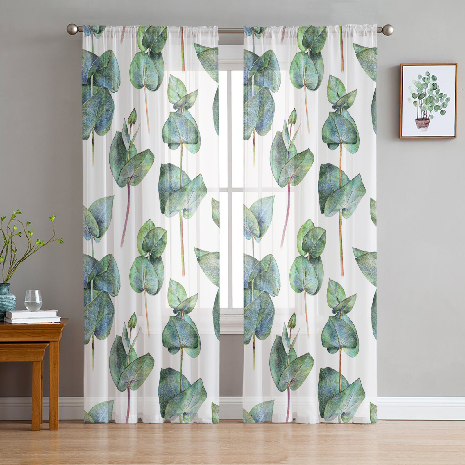 Green Leaves Plant Sheer Curtain for Living Room Voile for Window ...