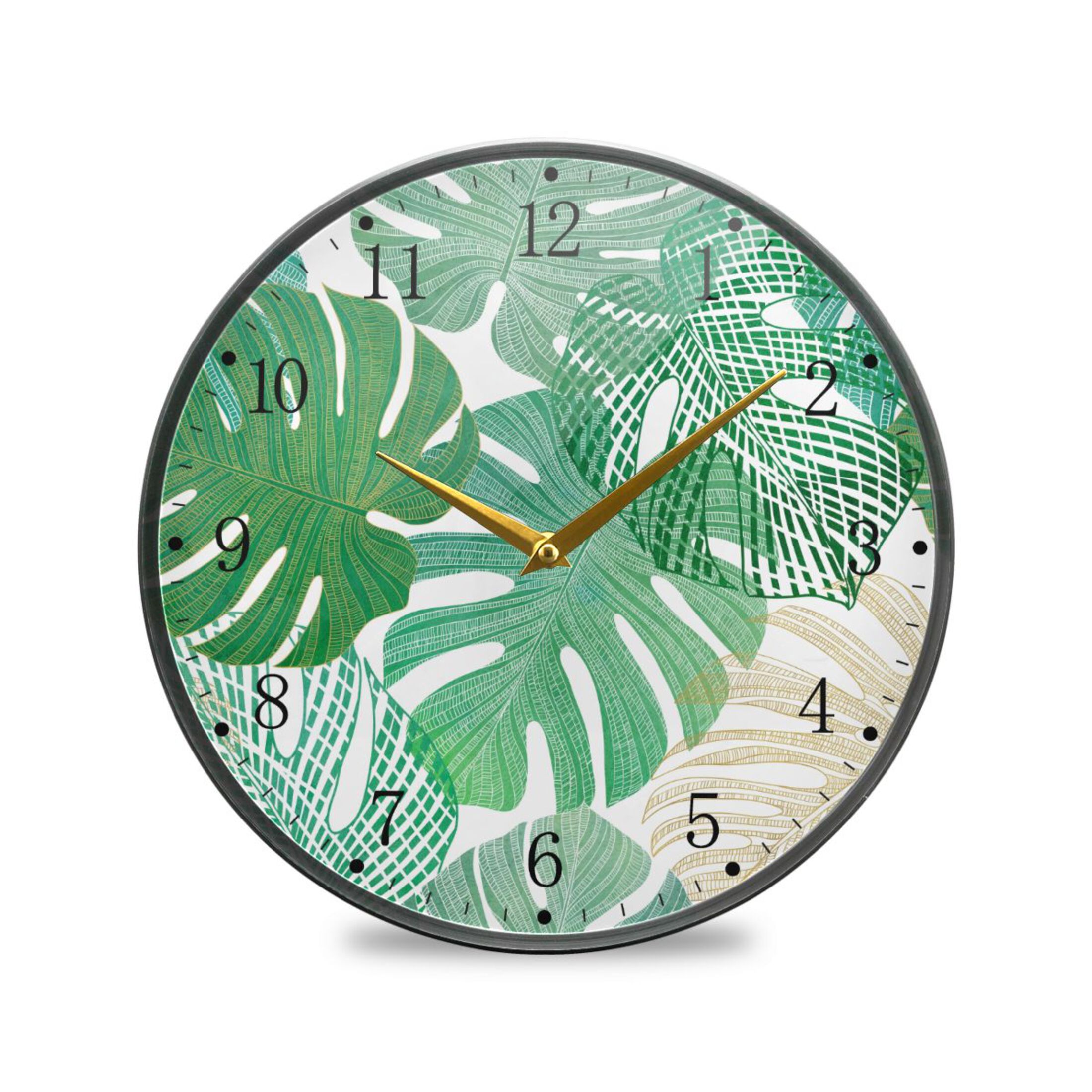 Green Leaves Plants Acrylic Wall Clocks Quiet Round Clock Battery ...
