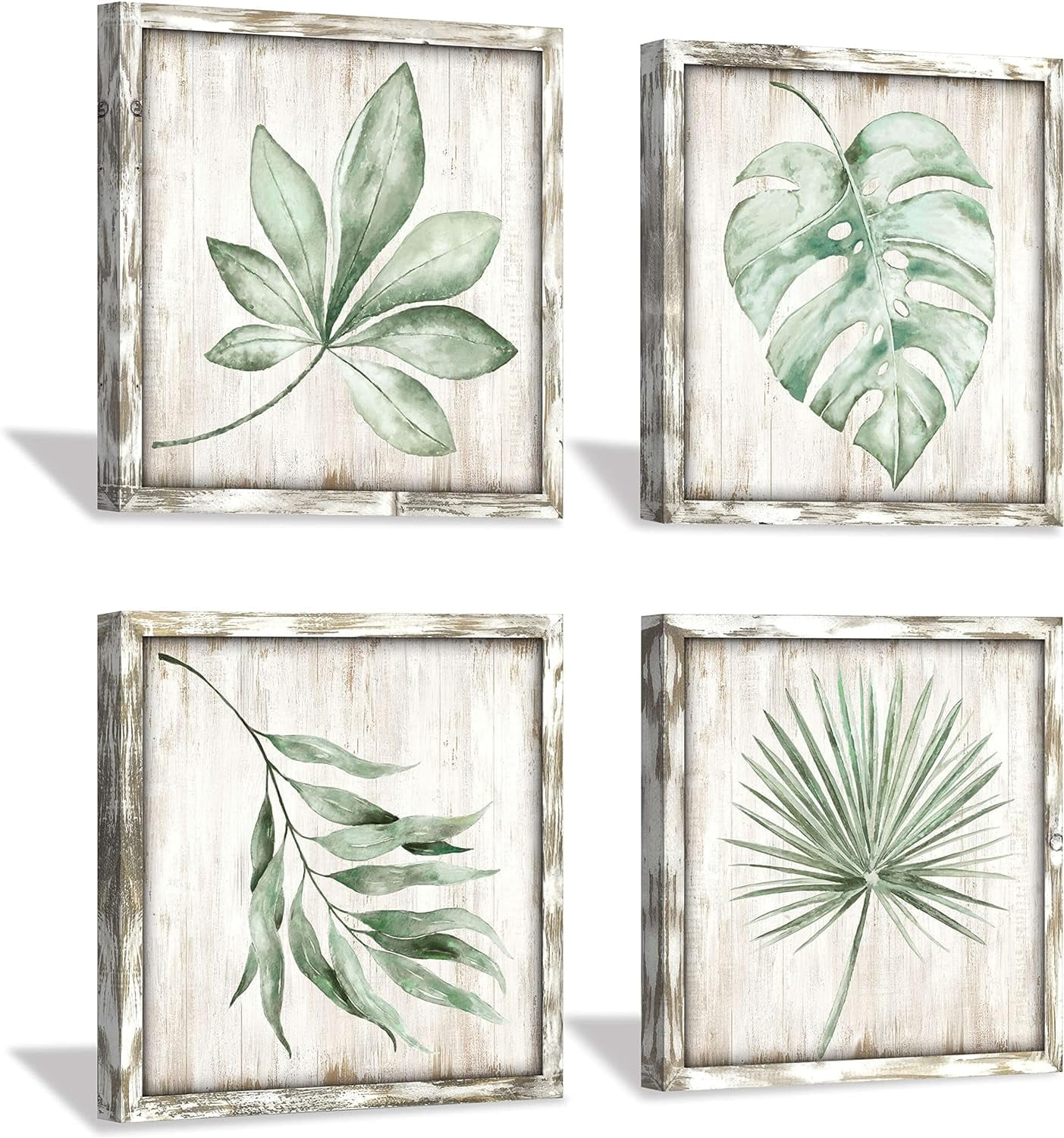 Green Leaves Prints Wall Art: Rustic Wooden Background Palm Tree Leaf ...