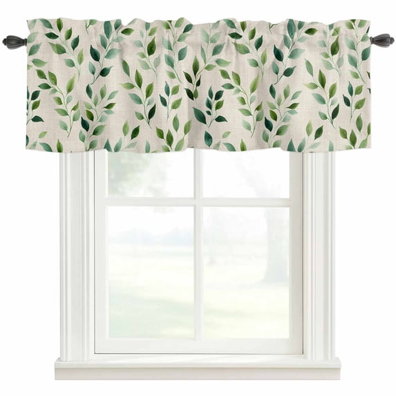 Green Leaves Rod Pocket Curtain Valance, Watercolor Spring Botanical ...