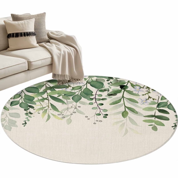 Green Leaves Round Area Rugs Collection 4', Summer Botanical Non Slip ...