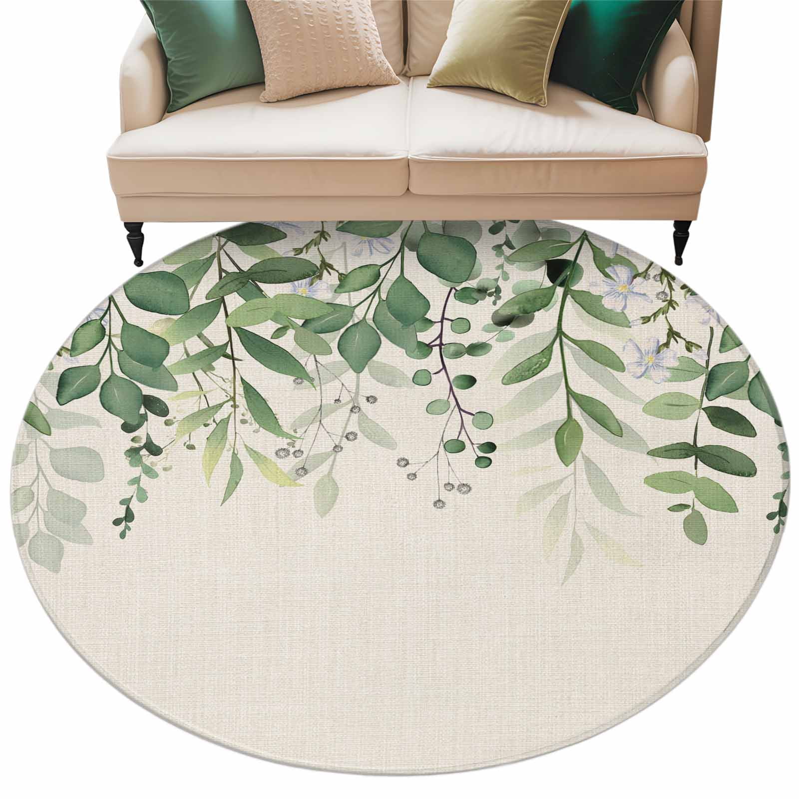 Green Leaves Round Area Rugs Collection 7', Summer Botanical Non Slip ...