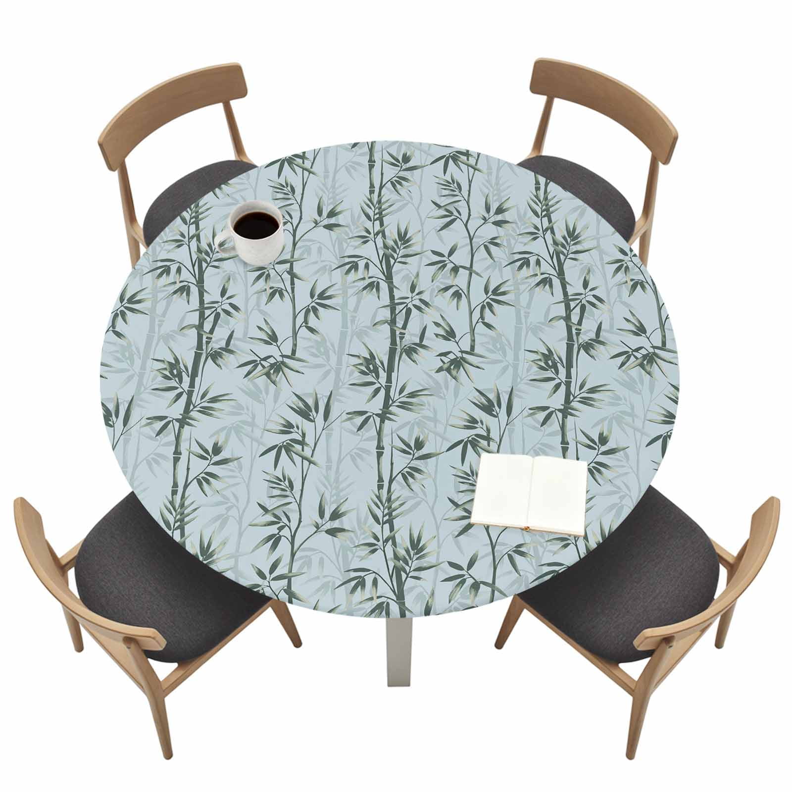 Green Leaves Round Fitted Tablecloth with Elastic Edge Hand-Painted ...