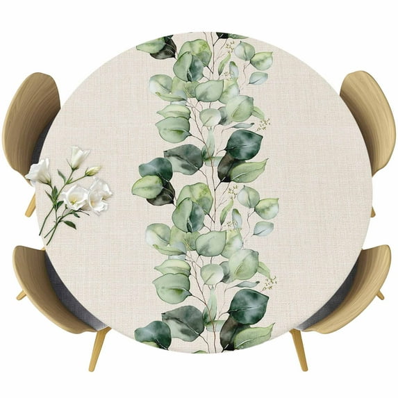 Green Leaves Round Fitted Tablecloth with Elastic Edge, Vintage ...
