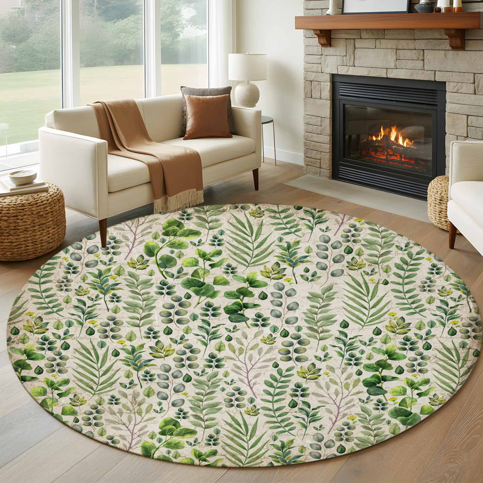 Green Leaves Round Rug 8ft Washable Circle Rugs Non Slip Elegant ...